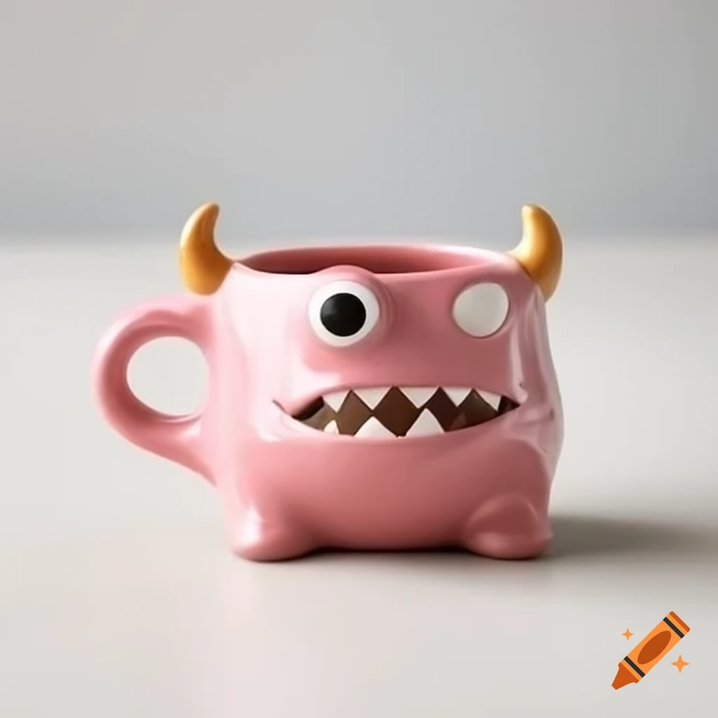 Pink ceramic monster mug with eyes, fluffy fur, and sharp teeth on Craiyon