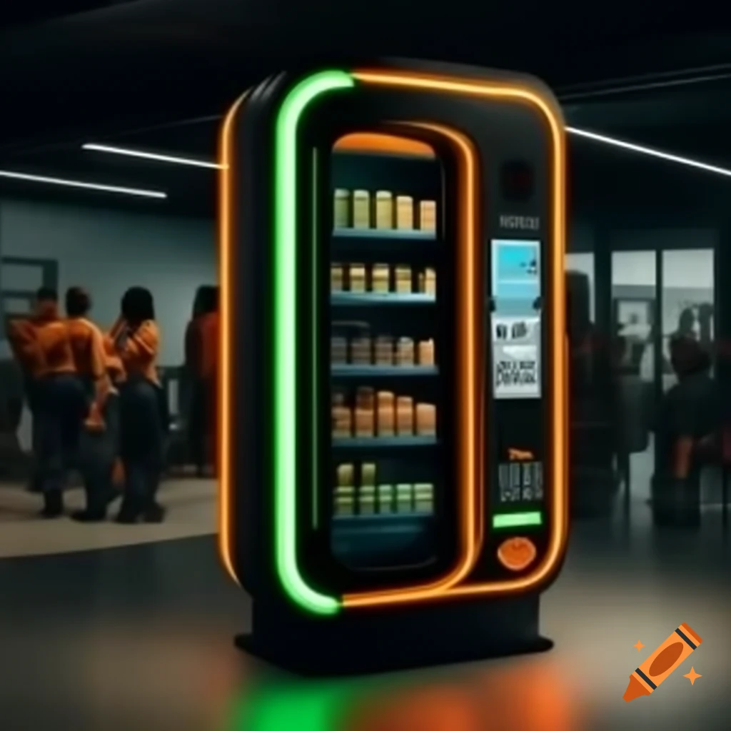 Futuristic vending machine for gym with orange and green LED lights on ...