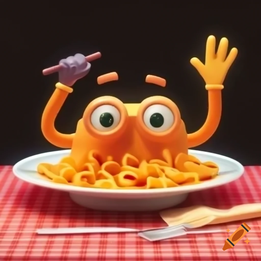 Playful animated character waving goodbye by a pasta dish, cute design ...