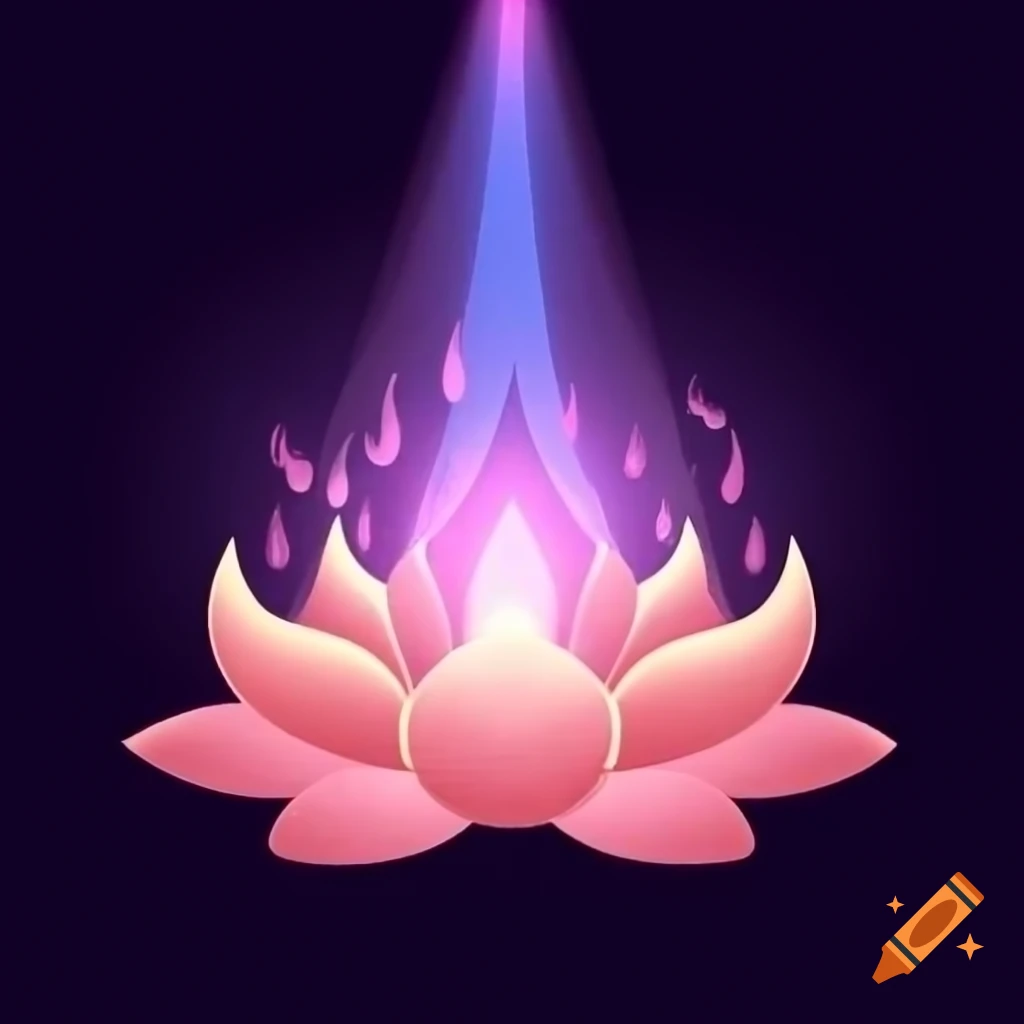 Radiant lotus blossom emerging from flames with iridescent petals on ...