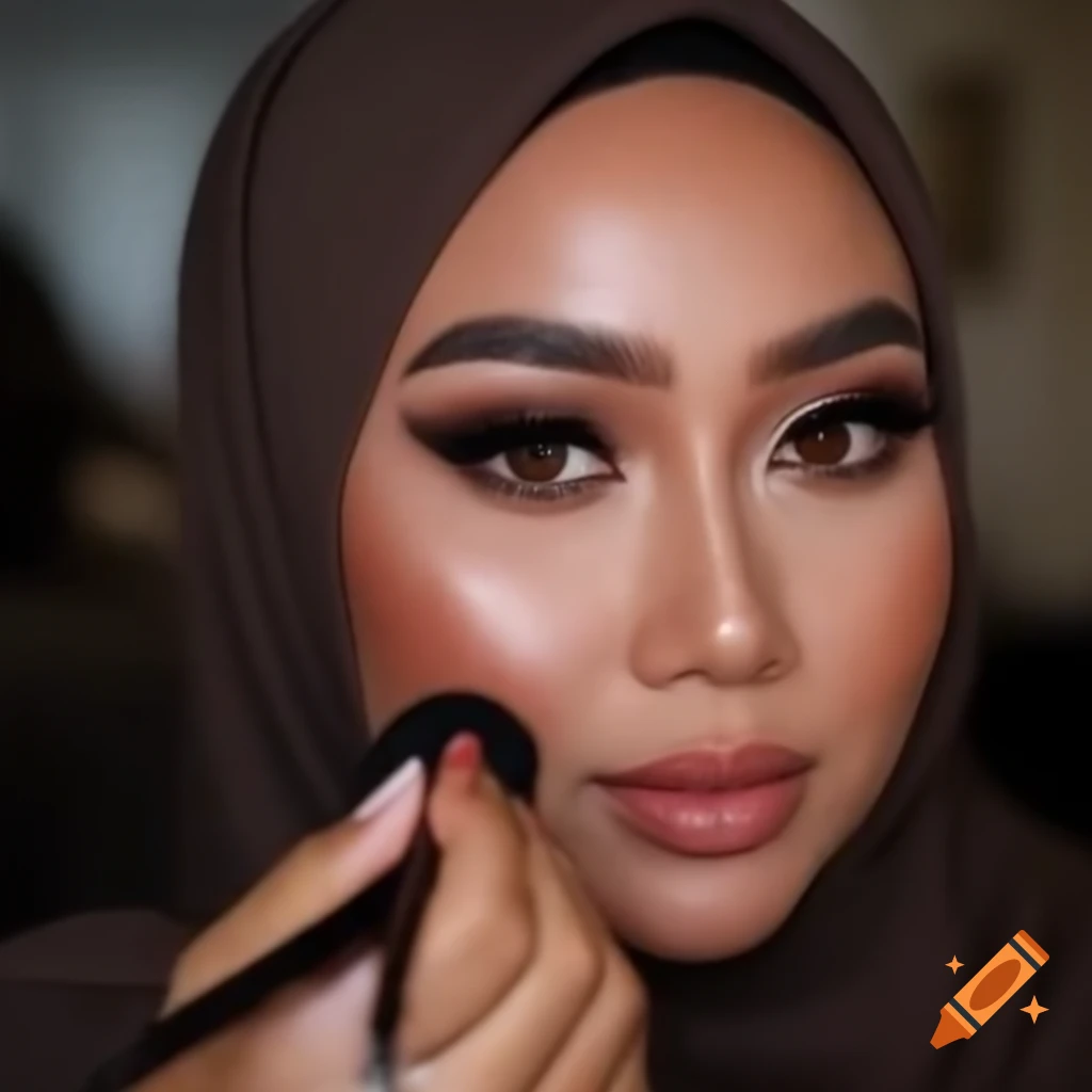 Confident Malay woman in hijab applying makeup with a brush in front of ...