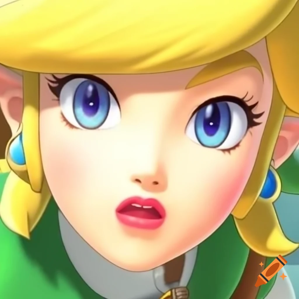 Character resembling Link in green tunic with princess Peach-inspired hairstyle and makeup on ...