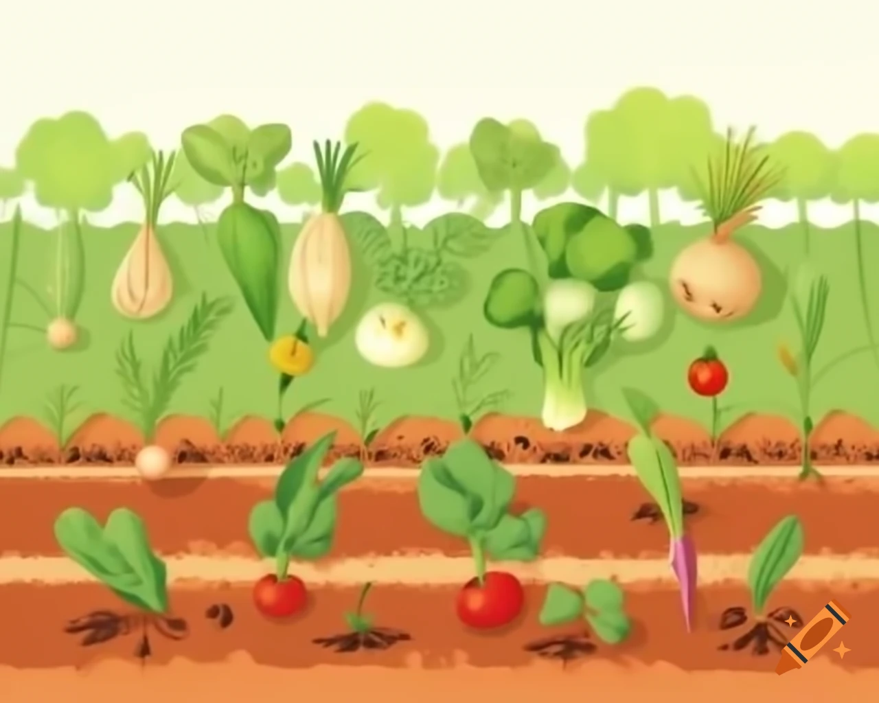 Wide shot of vegetables growing on farm, showing roots and plants on ...