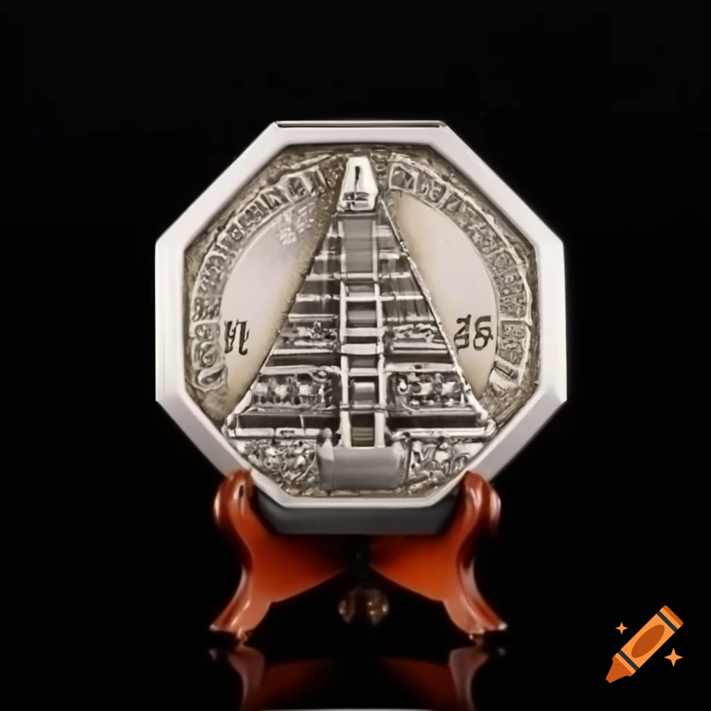 Modern octagonal silver coin with tower of babel motif on black wooden ...