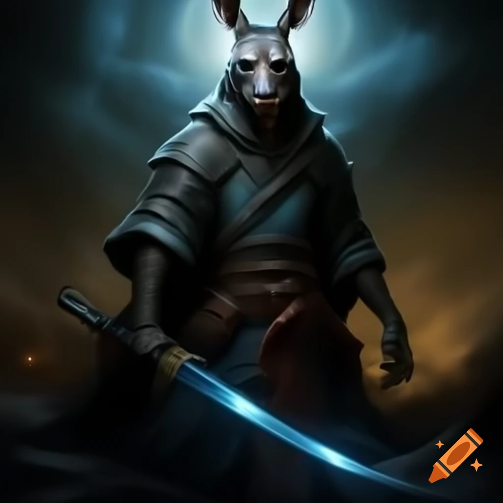 Shadow warrior kangaroo with glowing katana and dark robe, mystical ...