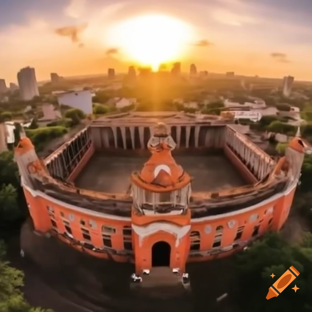 Panoramic sunset view of historical center of panama la vieja in golden light on Craiyon