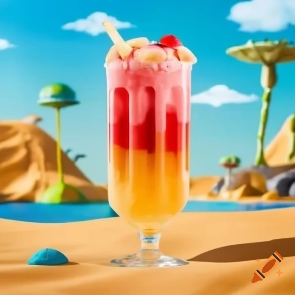 Cocktail glass with ice pop in alien desert island setting on Craiyon