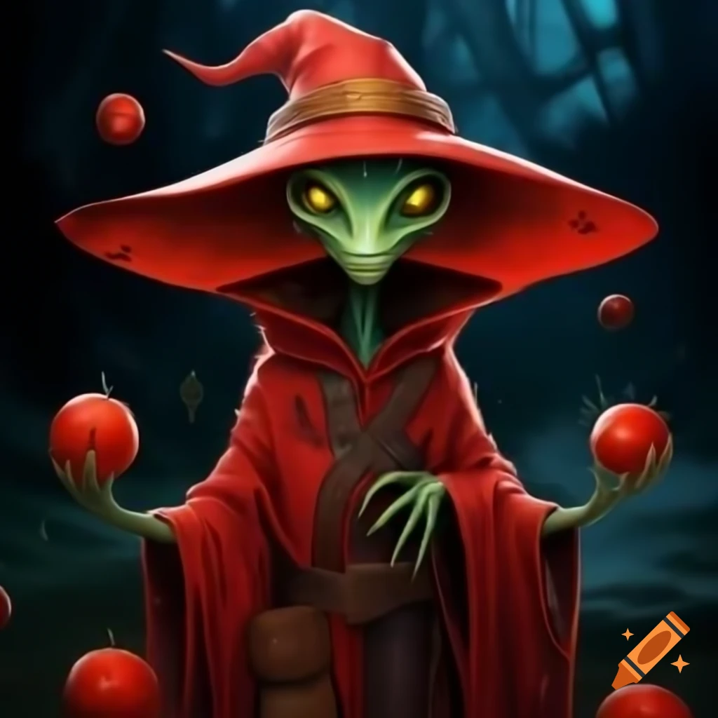 Red wizard alien character design on Craiyon