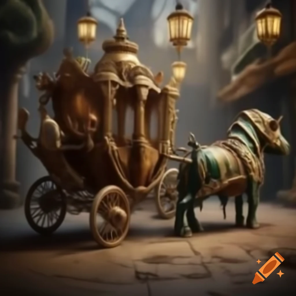 Ornate merchant's carriage pulled by triceratops, showcasing luxury and ...