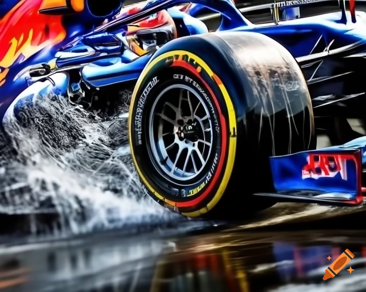 Close-up of Formula 1 car tire spinning with water splashes and motion ...
