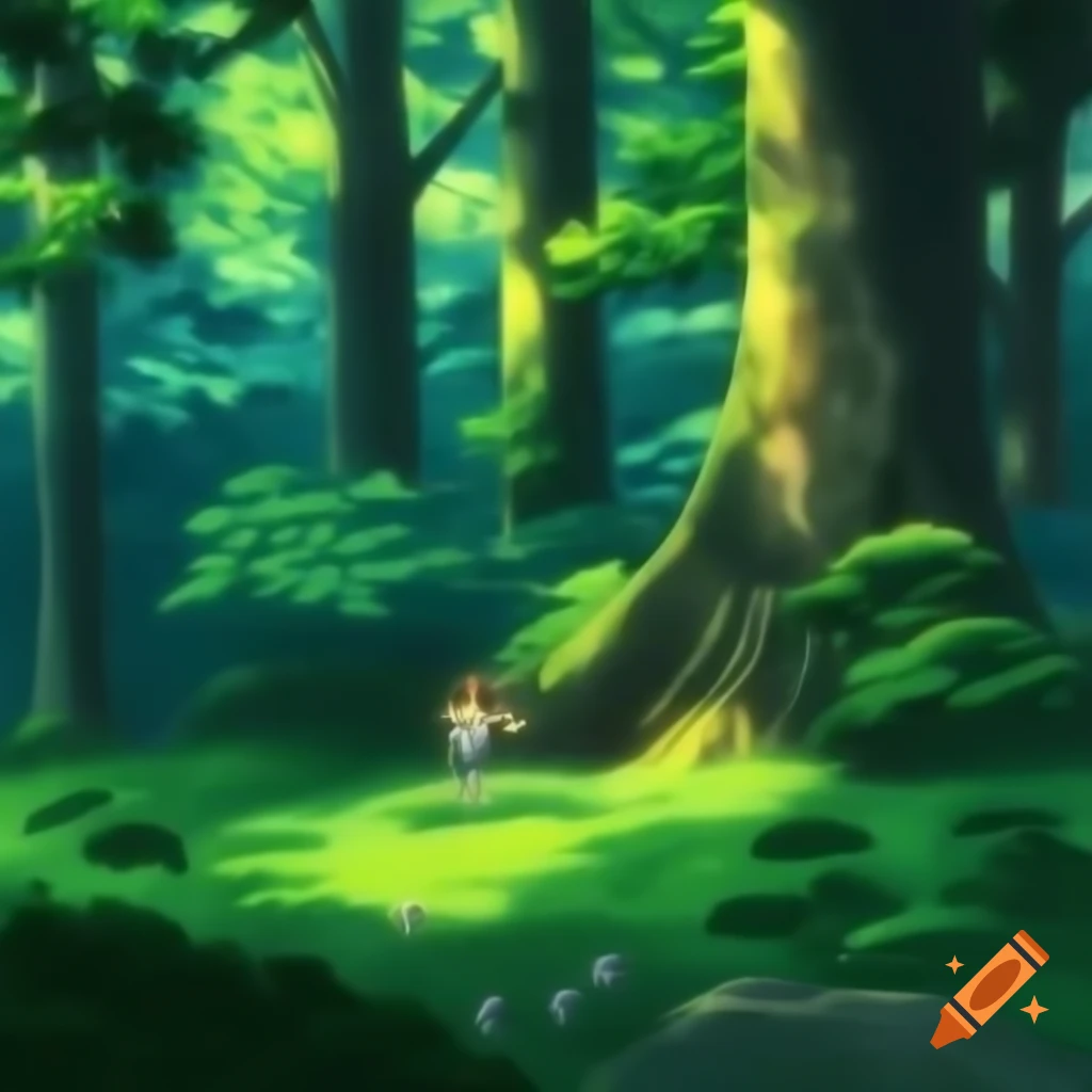 Vibrant animated scene of a green forest with trees and animals ...