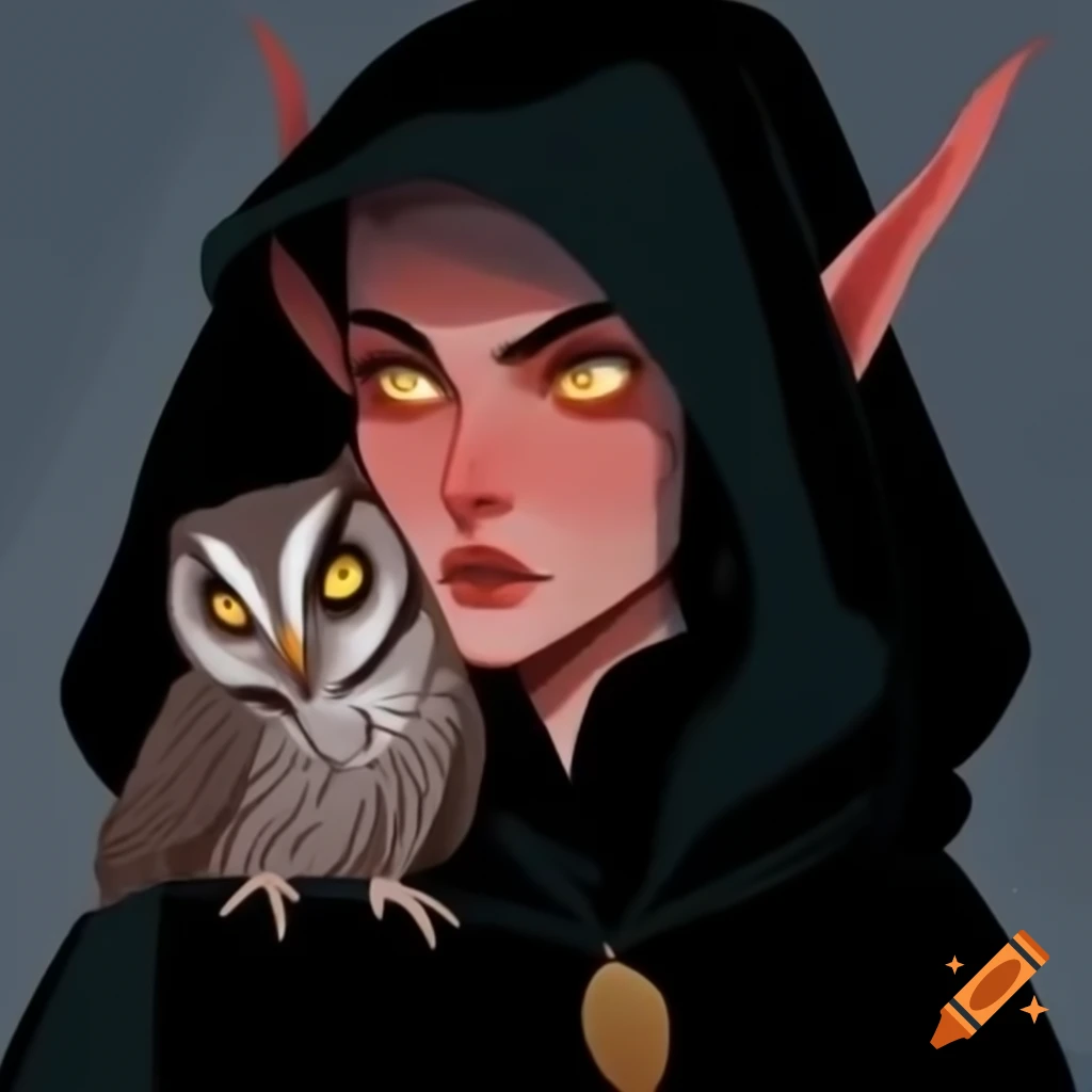 Blind female elf in black cloak with owl, comic book style on Craiyon