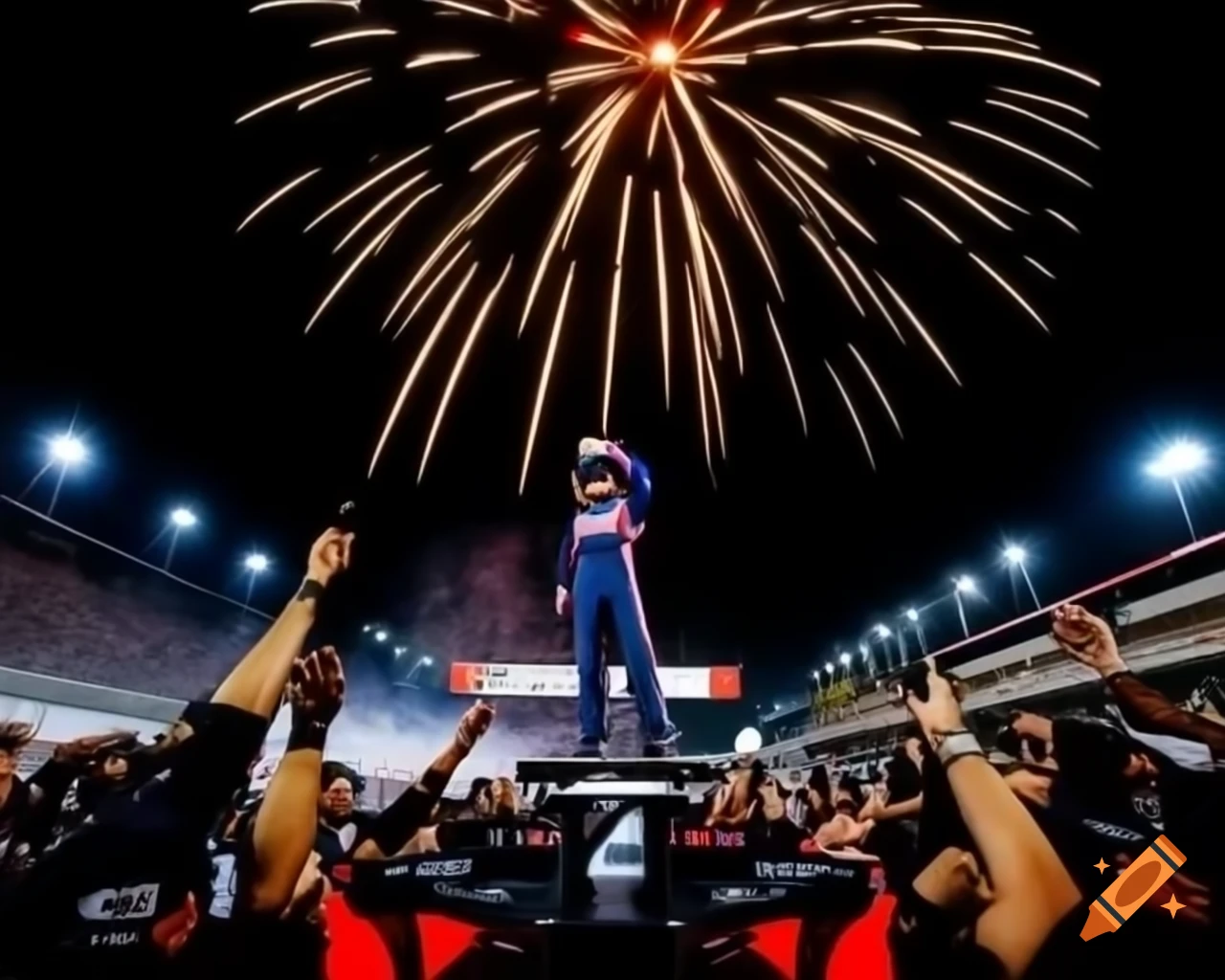 F1 podium celebration at night with fireworks and celebrating drivers ...