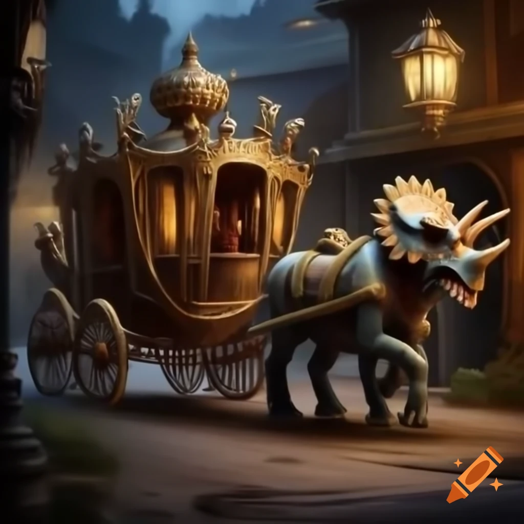 Ornate merchant's carriage pulled by triceratops, showcasing luxury and ...