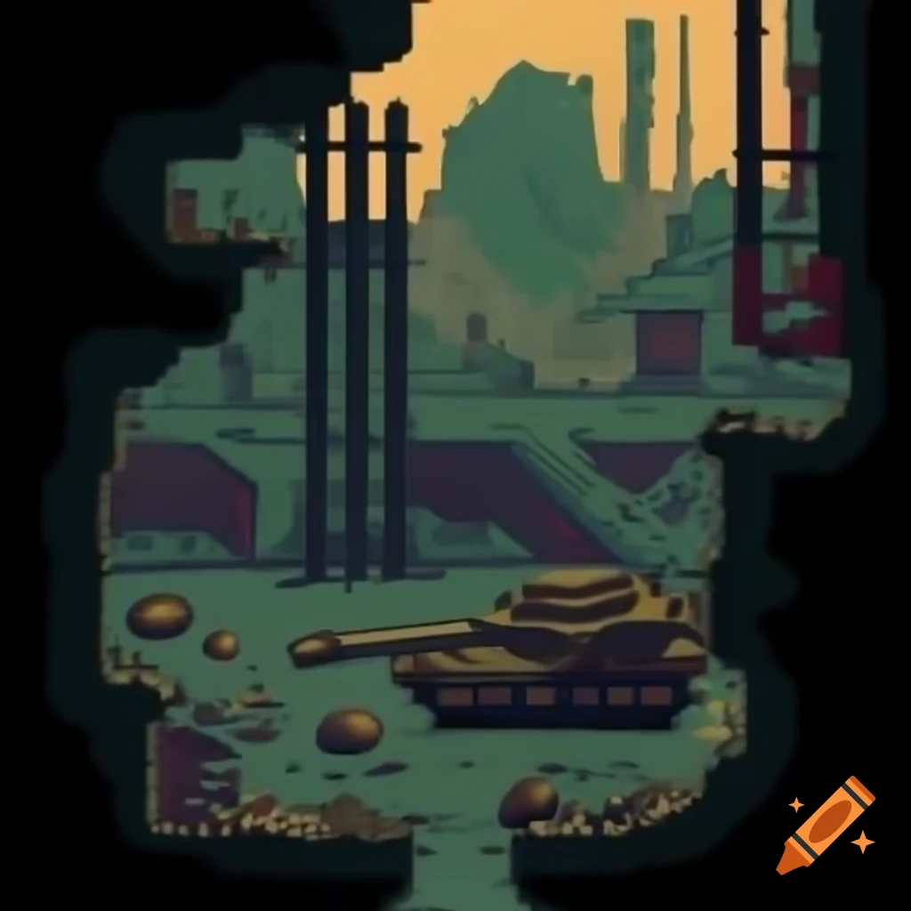 Retro pixel art battleground with ruins and wrecked tank on Craiyon