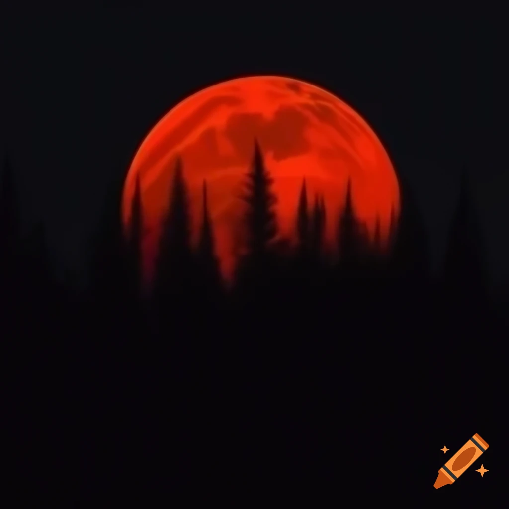 Mysterious dark forest under red moon with silhouetted trees on Craiyon