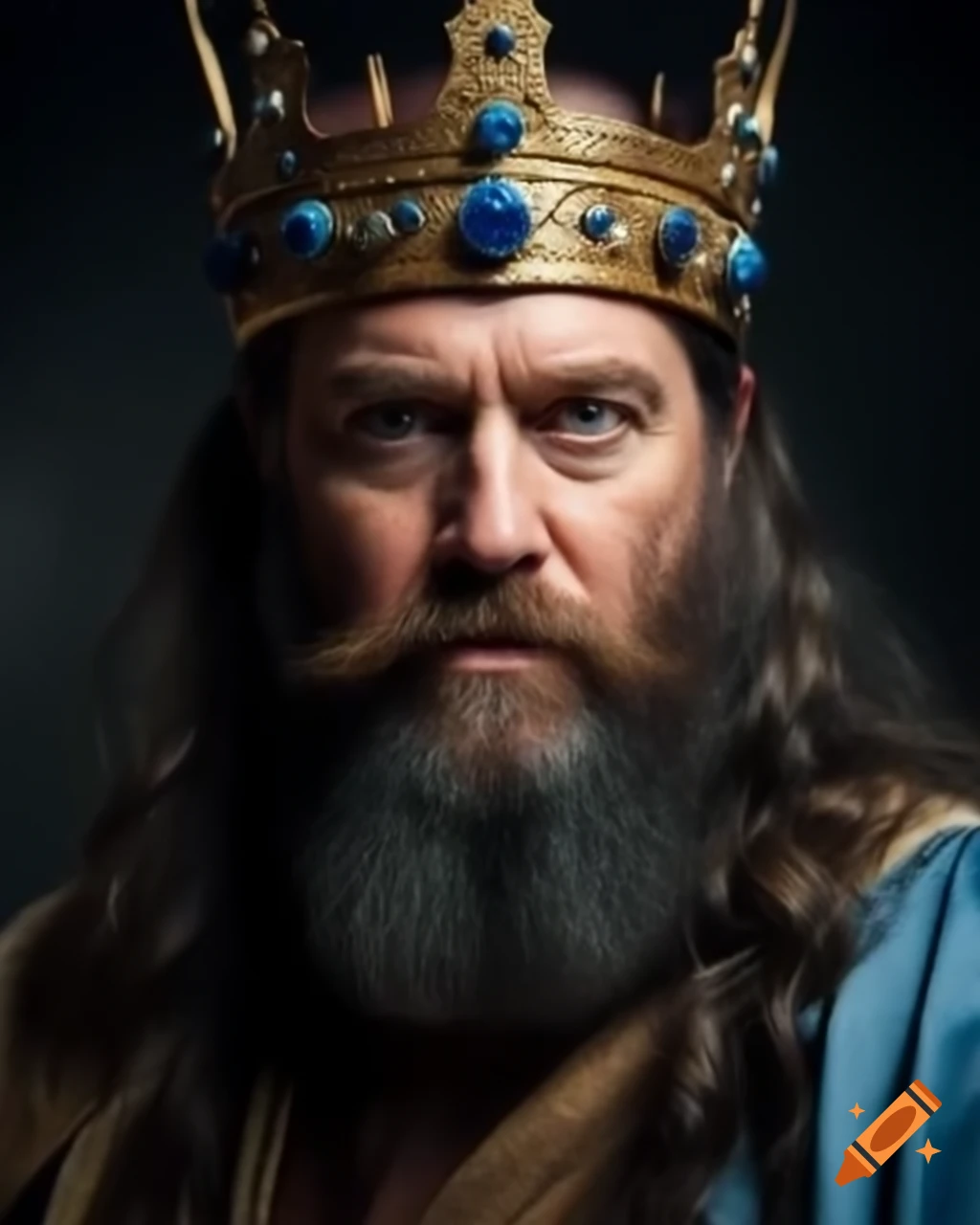 14th Century portrait of powerful king in blue robes and ornate crown ...