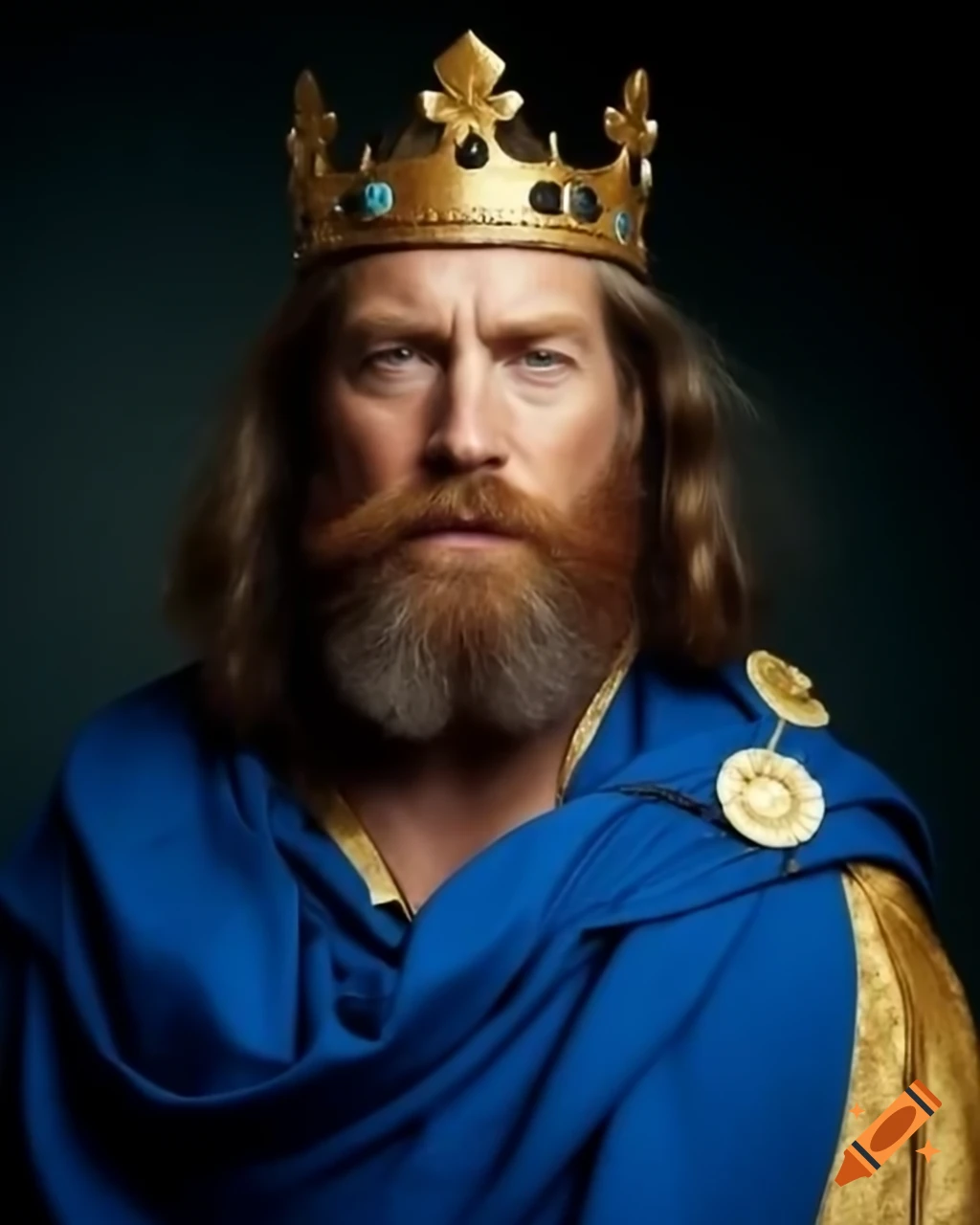 14th Century portrait of powerful king in blue robe with crown and ...