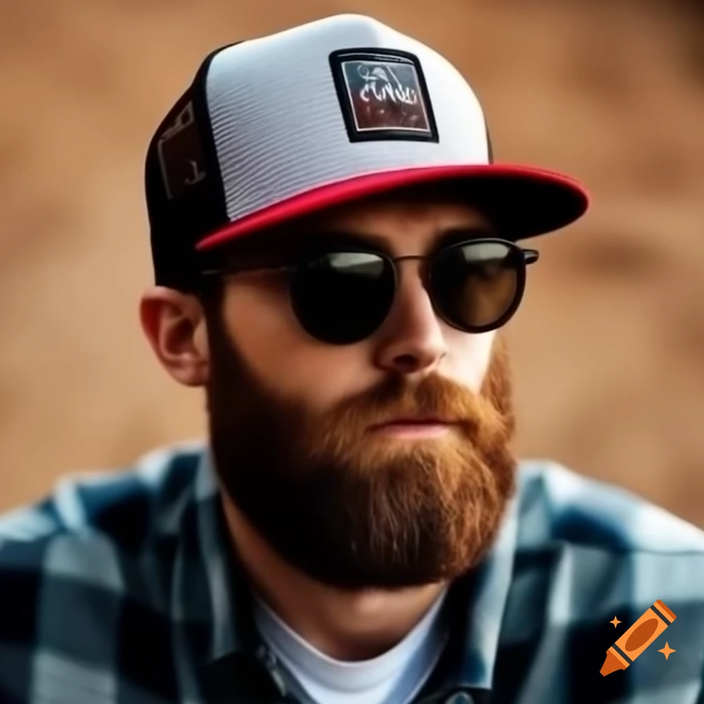 Young man with beard wearing trucker cap and sunglasses in flannel ...