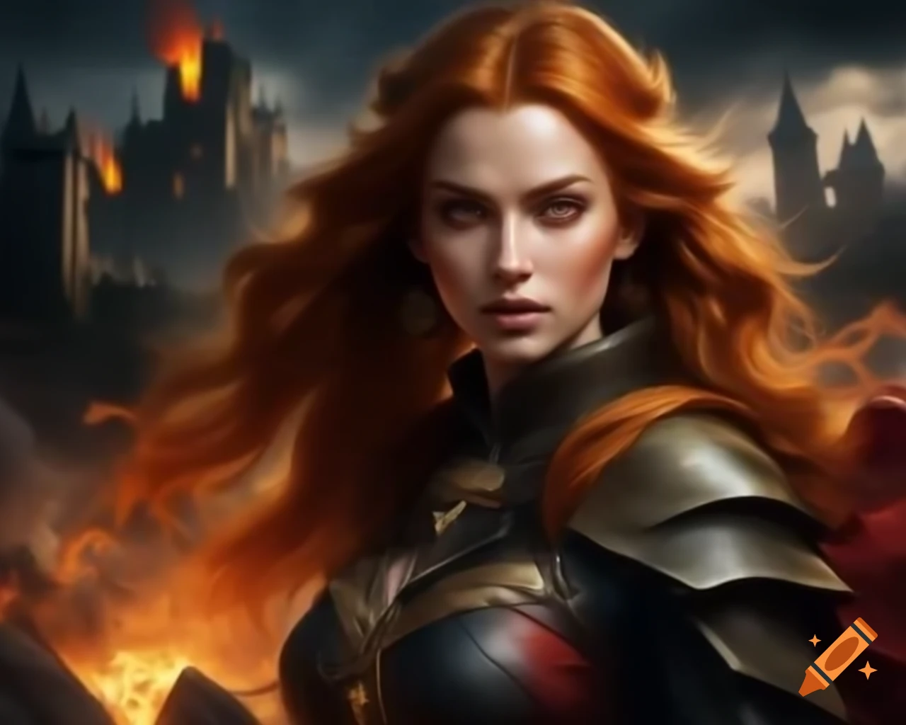 Brown-eyed woman with auburn hair near medieval castle under siege with ...