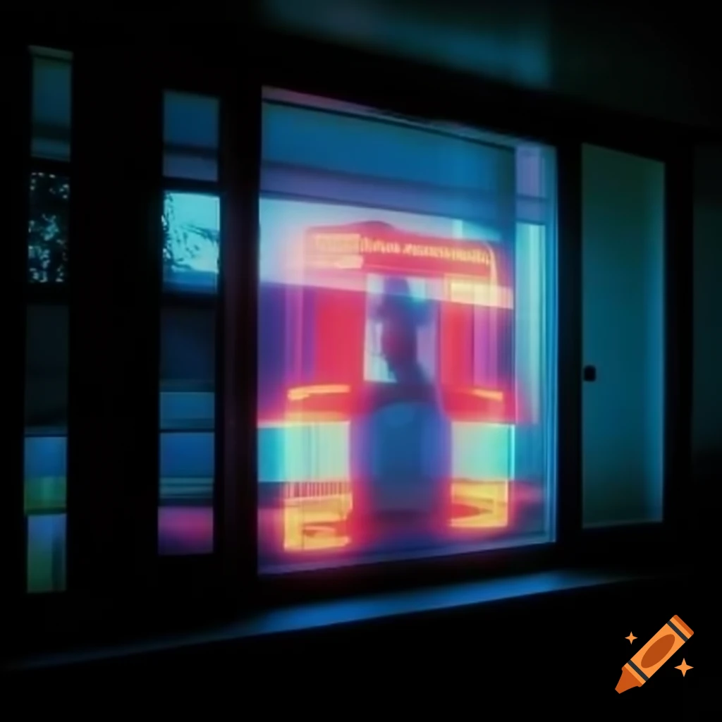 Abstract 80s neon design on glass window with sunlight on Craiyon