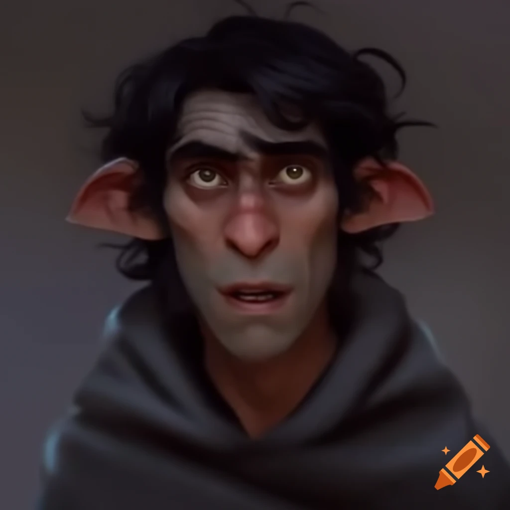 Glum man with messy hair and crooked teeth in grey cloak on Craiyon