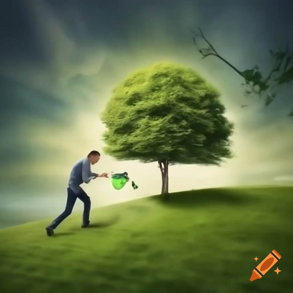 Tree being watered for corporate presentation on reducing paper use on ...