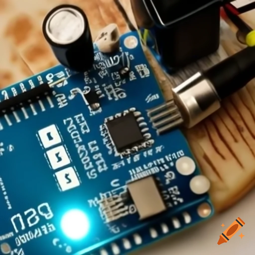 Close-up of Arduino Uno board with sensors and DC motor on breadboard on Craiyon
