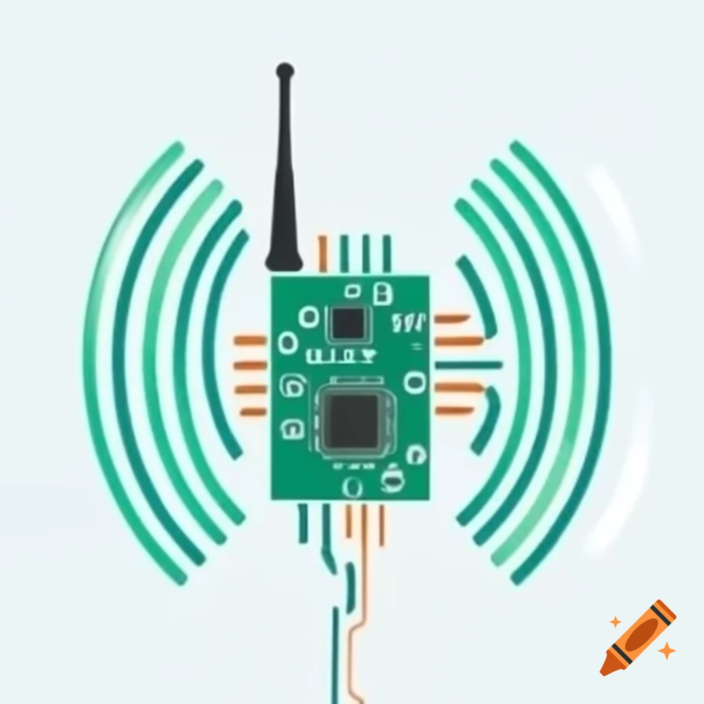 Rectangular circuit board with antenna and radio wave design on Craiyon