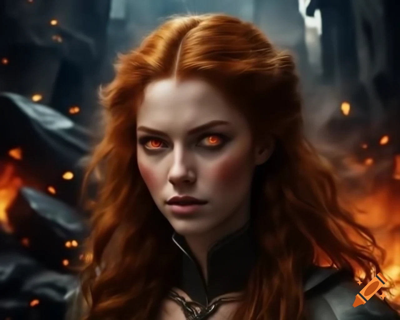 Brown-eyed woman with auburn hair near medieval castle under siege with ...