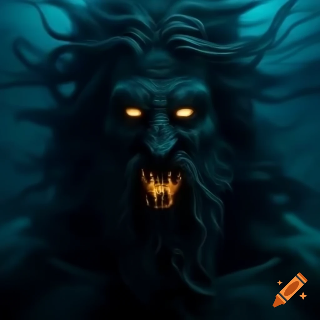 Close-up of a dark and eerie depiction of Poseidon, god of the sea on ...