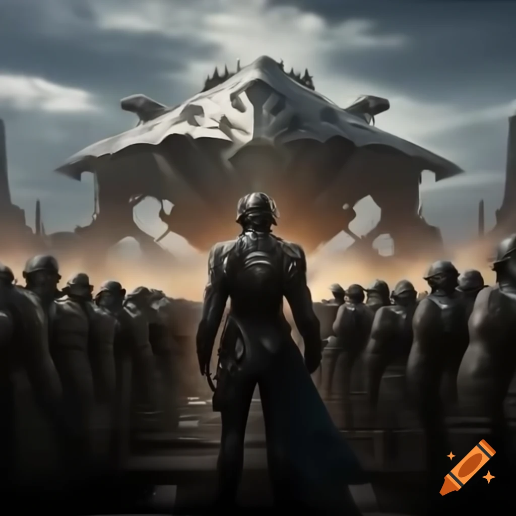 Protagonist facing fantasy army in realistic sci-fi scene on Craiyon