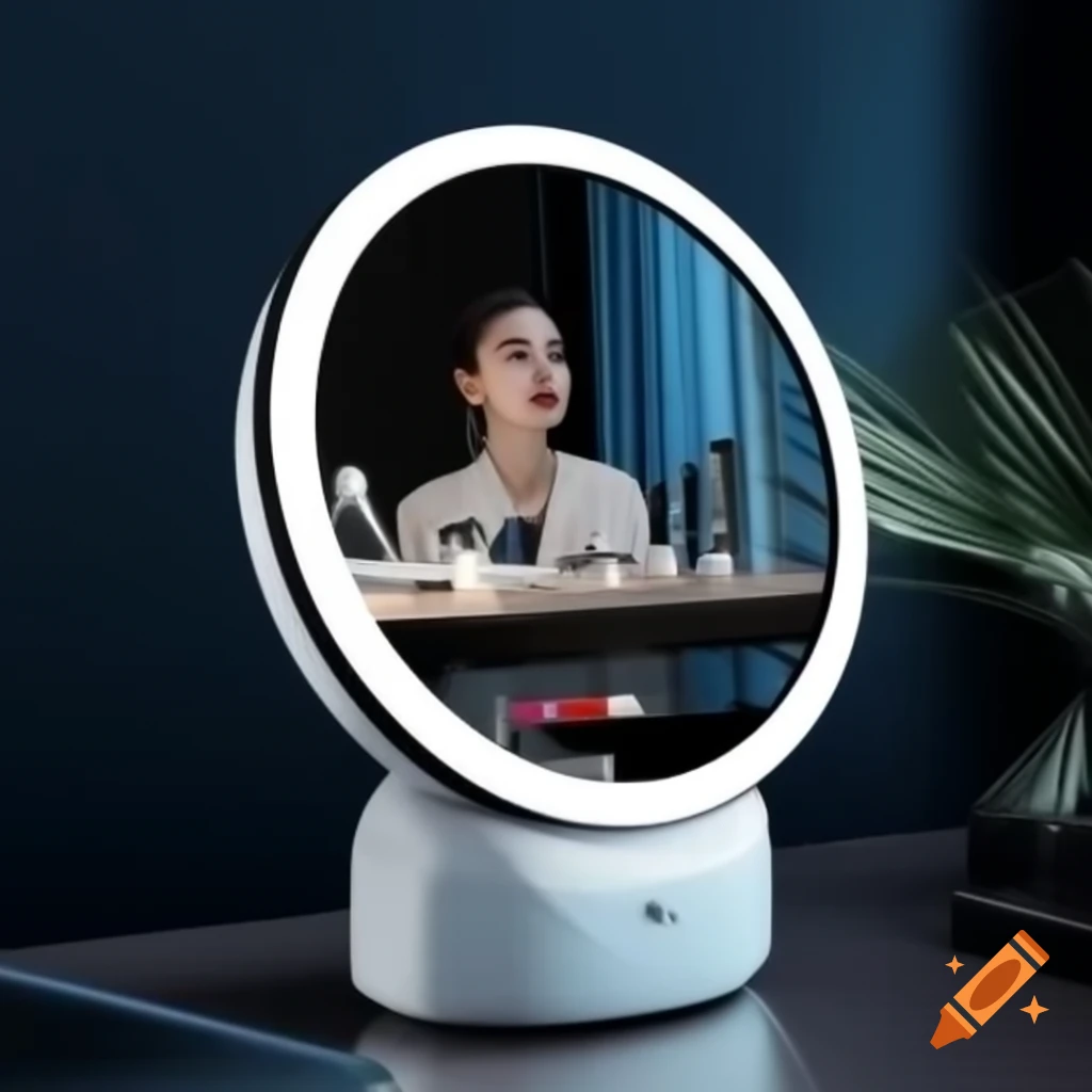 Futuristic ai-powered smart mirror with illuminated frame and facial analysis display on Craiyon