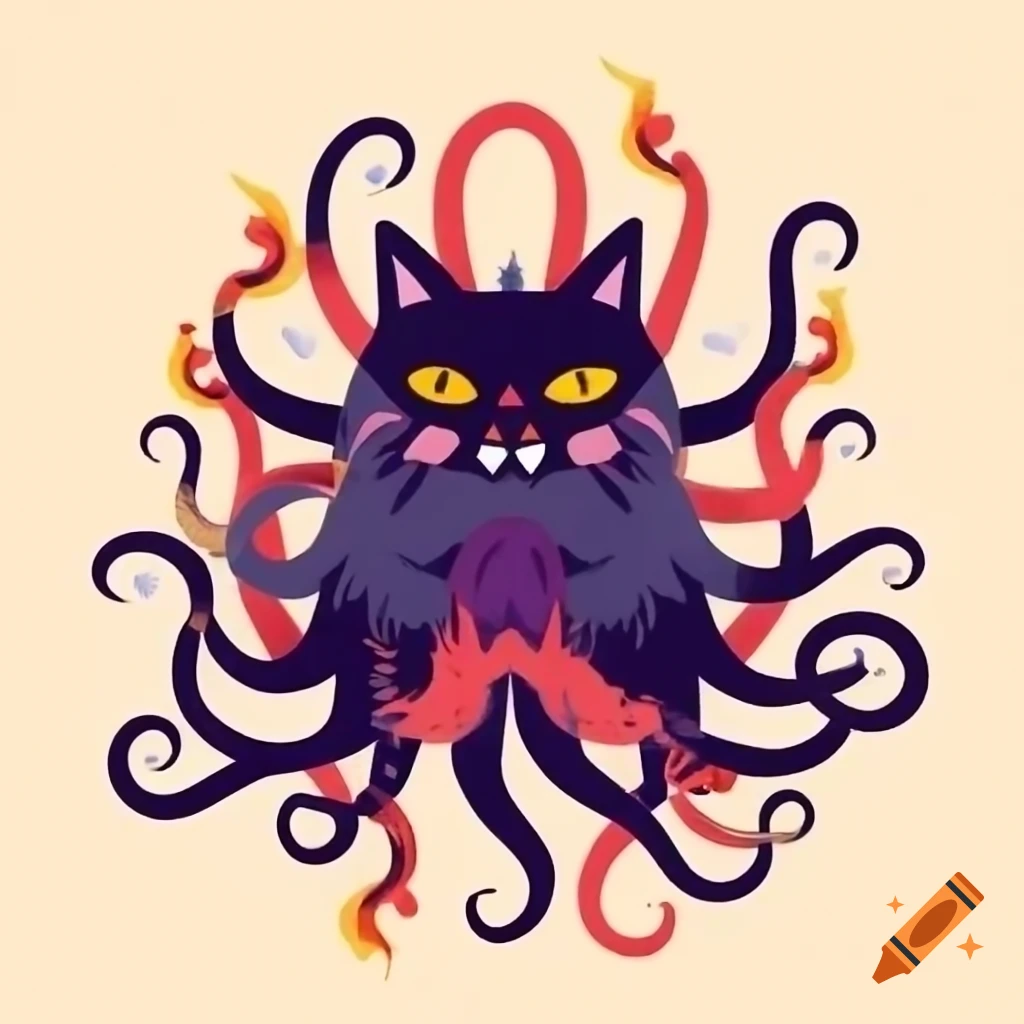 Surreal cat with demonic features and octopus tentacles, colorful ...