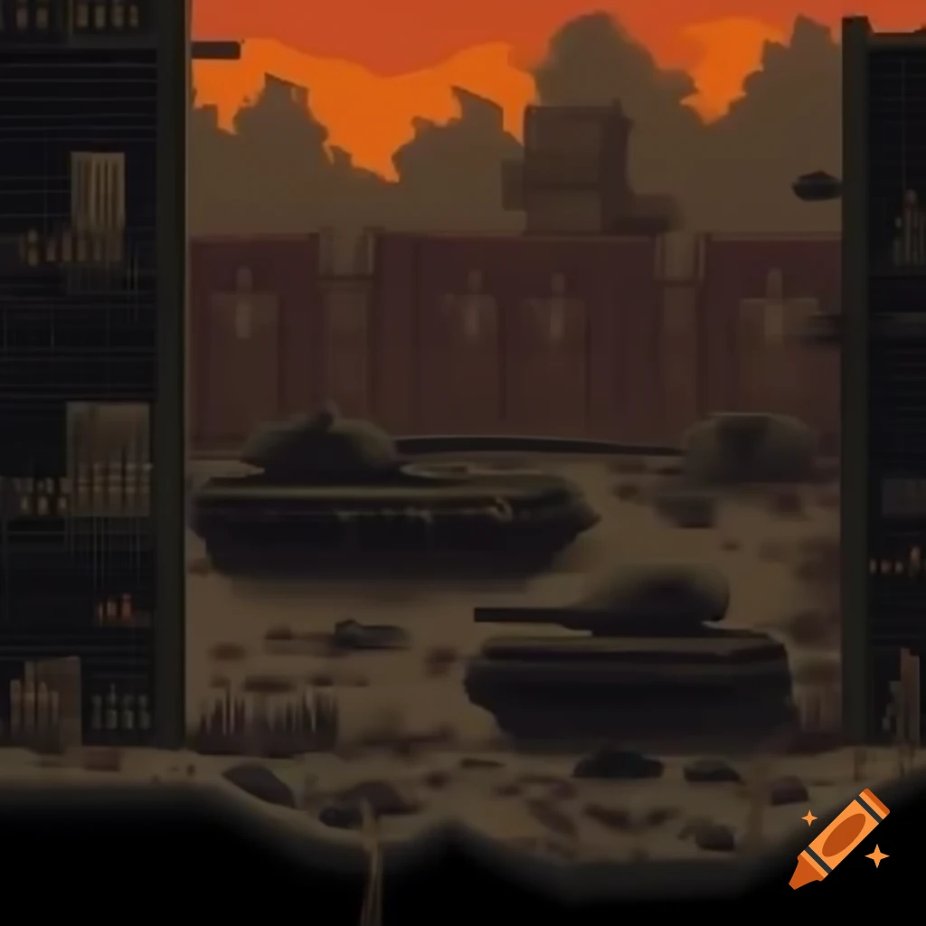 Pixel art battlefield with crumbling buildings and destroyed tank ...