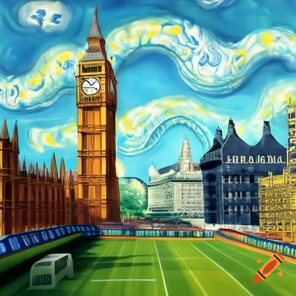Big ben in vibrant van gogh style with a football stadium on Craiyon