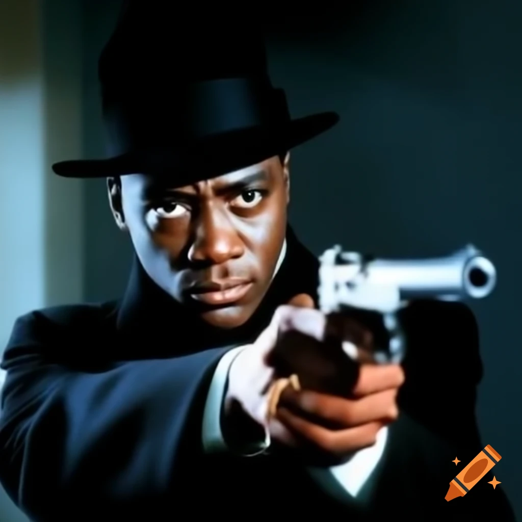 1950's African-American gangster aiming handgun in color photo on Craiyon