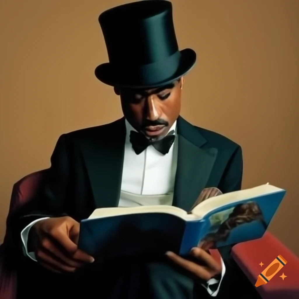 Tupac reading a book in a suit and tall top-hat on Craiyon