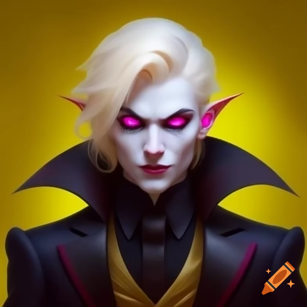 Albino vampire in black and gold suit against yellow background on Craiyon