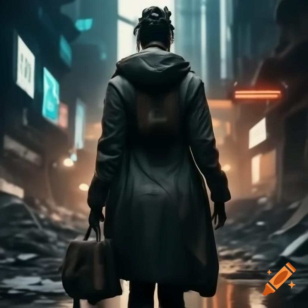 Female scavenger in post-war cyberpunk world with patched coat and ...