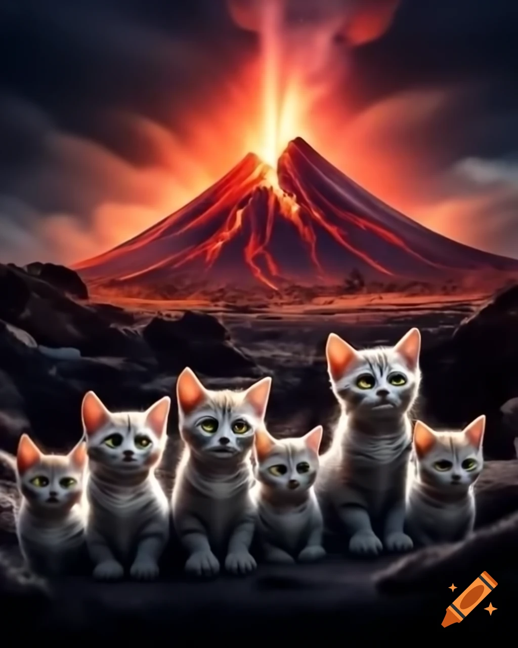 Cute kittens posing at volcano edge with red laser eyes on Craiyon