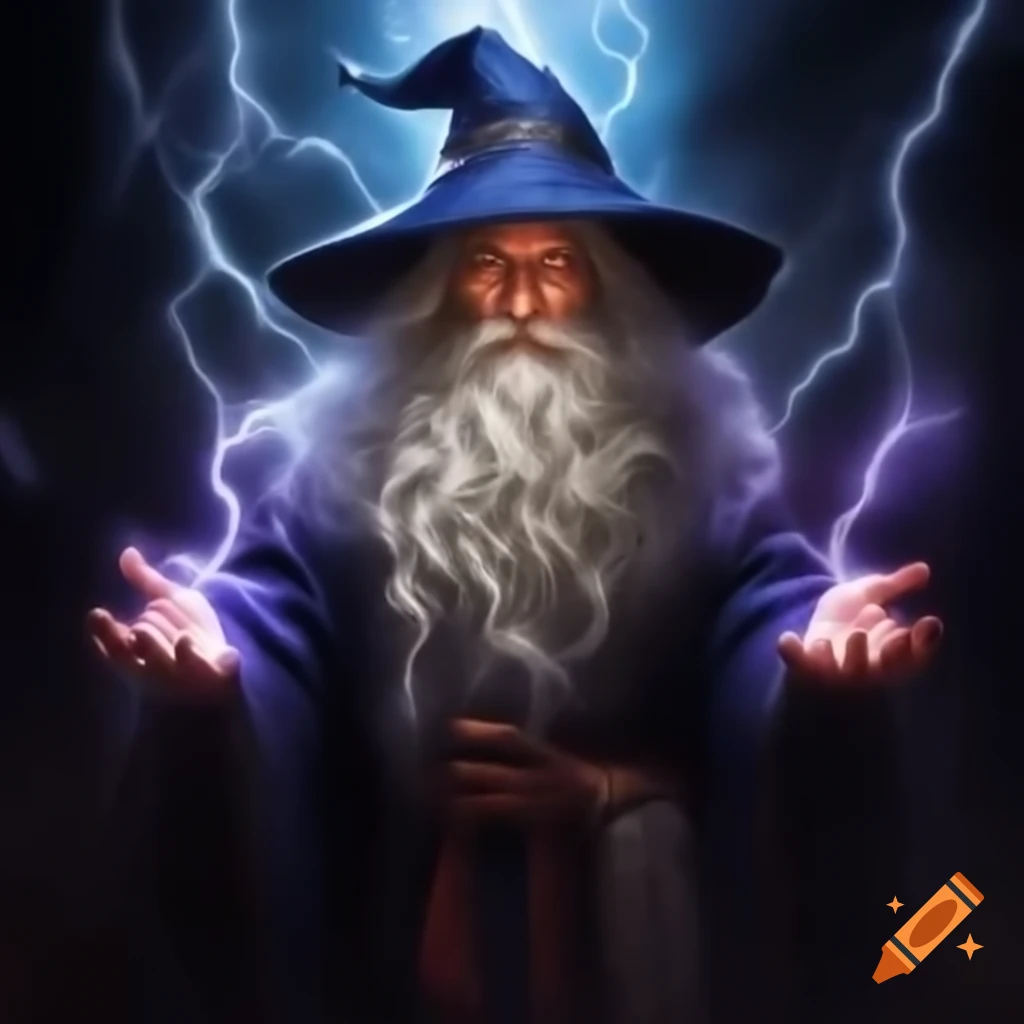 Wizard conjuring lightning bolts on Craiyon