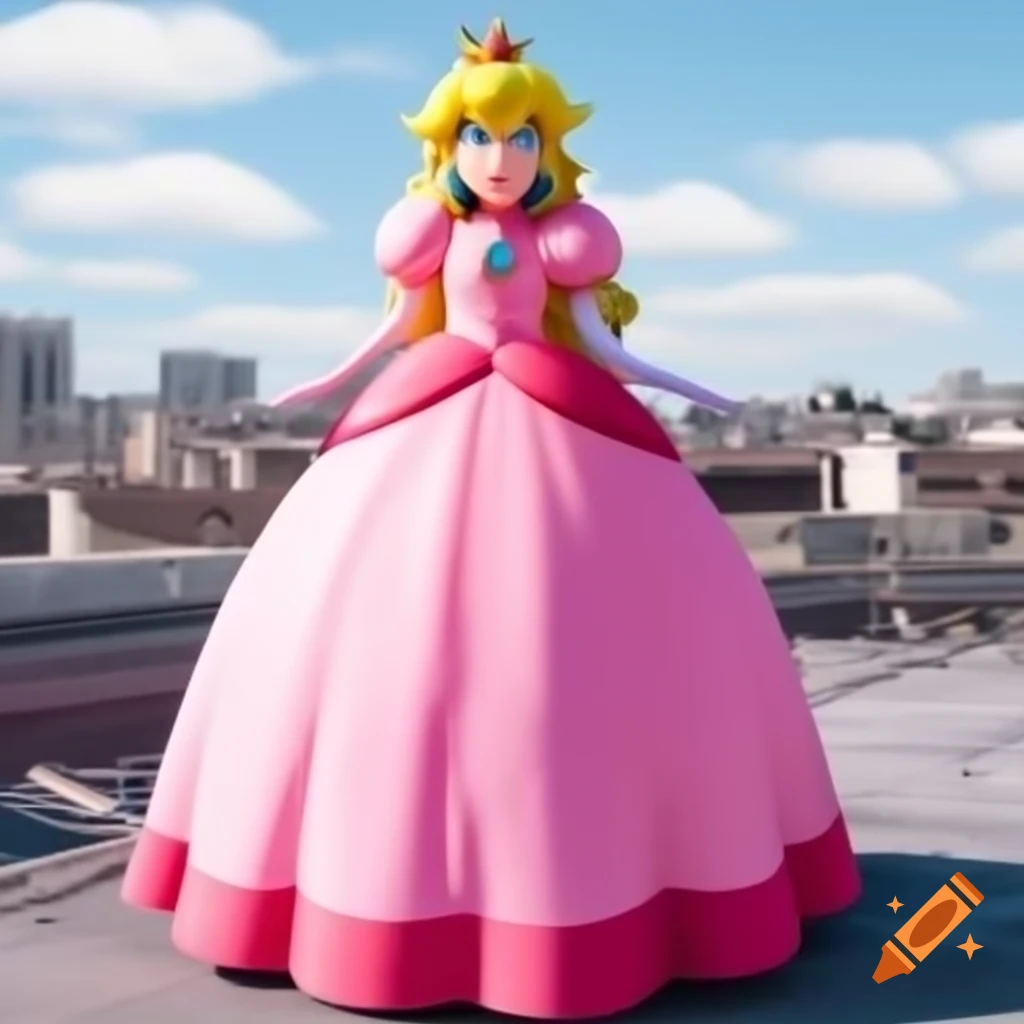 Link as Princess Peach in detailed pink ballgown on rooftop with city ...