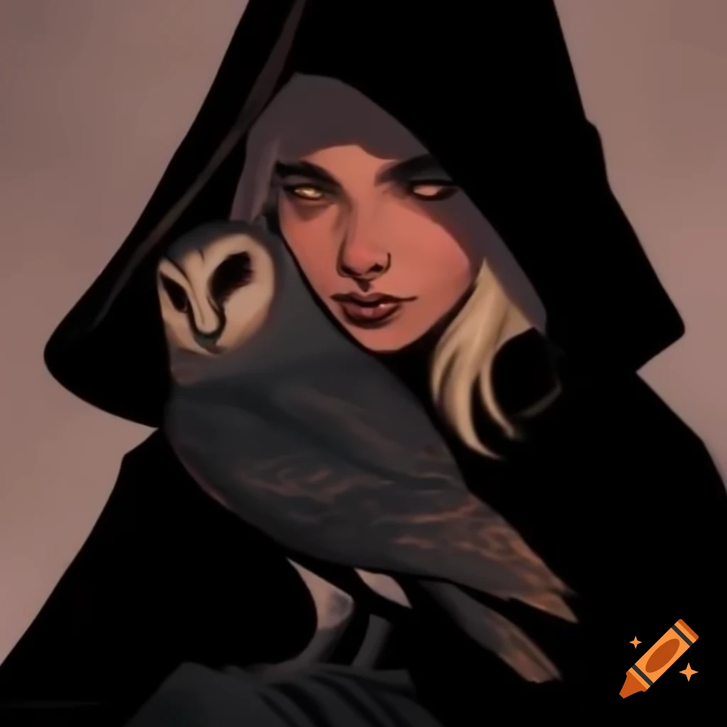 Female elf with burned half face in black cloak and owl on shoulder ...