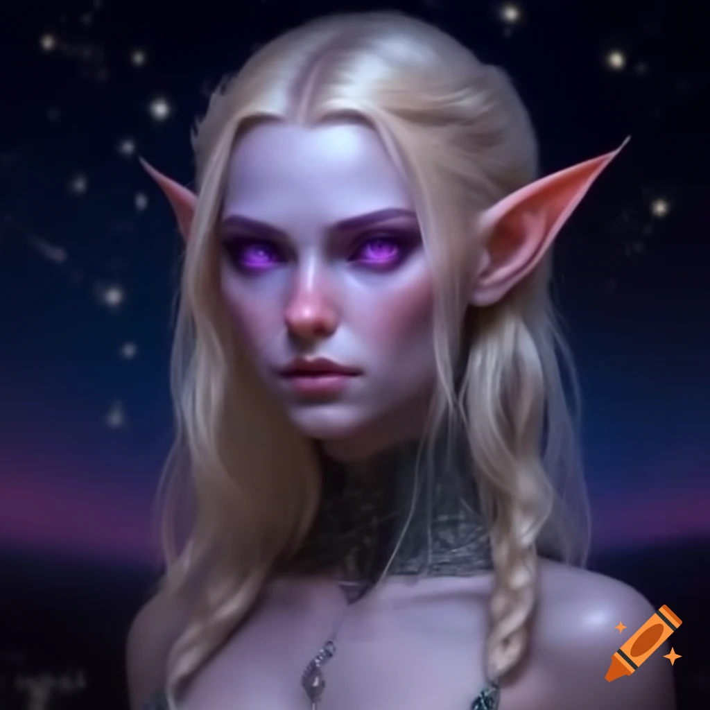 Realistic female elf with pale blonde hair and dark purple eyes against ...