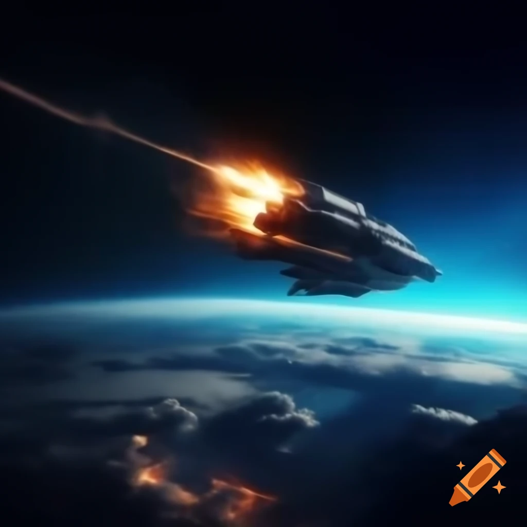 Fiery spaceship streaking across twilight horizon entering Earth's ...