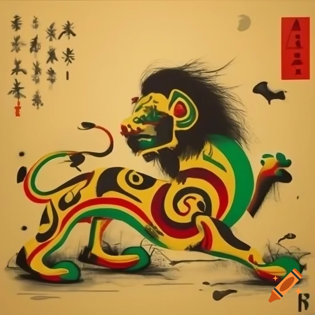 Lion blending traditional Chinese ink painting with Rasta style ...