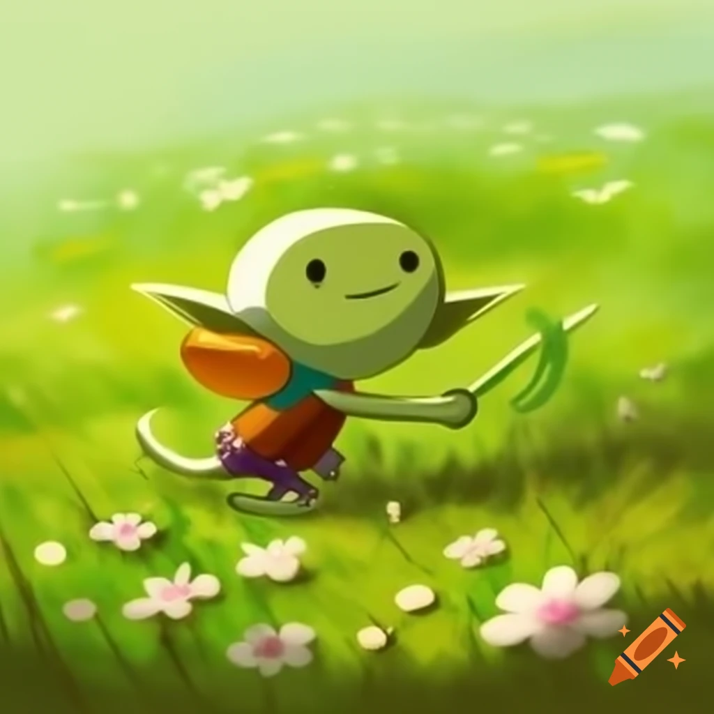 Little goblin interacting with grass in a flower-filled field ...
