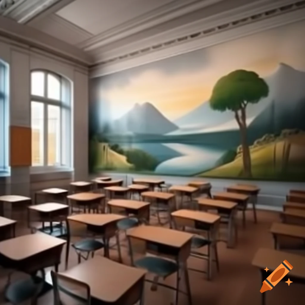 Academic classroom with landscape murals, spacious comfortable chairs ...