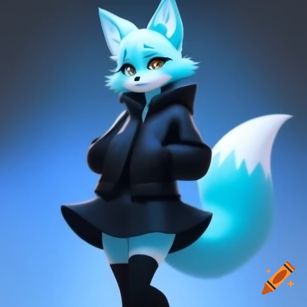 Anthro light blue fox character in oversized black jacket and skirt ...